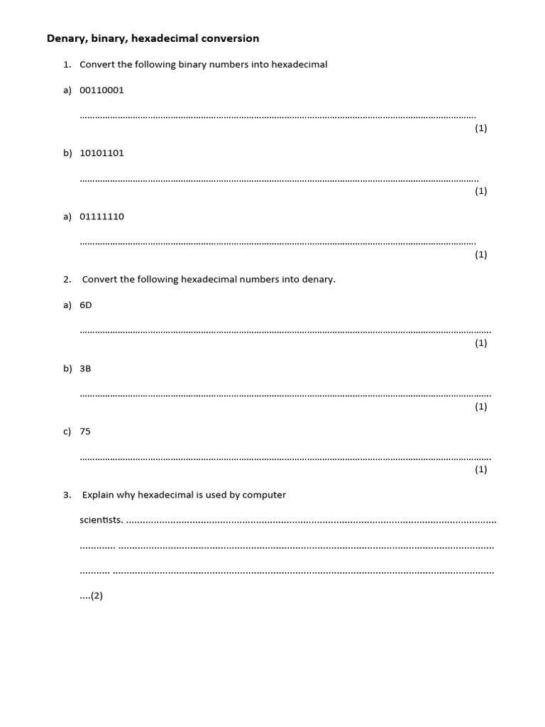 Binary, Denary, Hexadecimal Guide | PDF | Computing | Notation