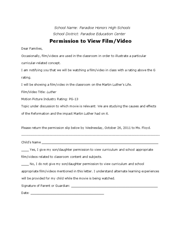 Permission Slip for PG-13 Film Viewing | PDF