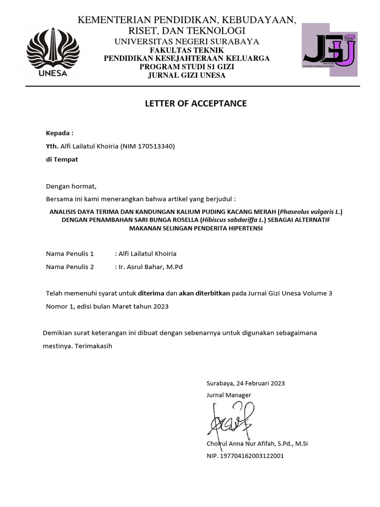 Kementerian Pendidikan, Kebudayaan, Riset, Dan Teknologi: Letter of Acceptance | PDF