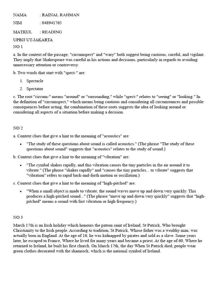 Rainal Rahman - Tugas 1 Reading | PDF | Saint Patrick | Sound