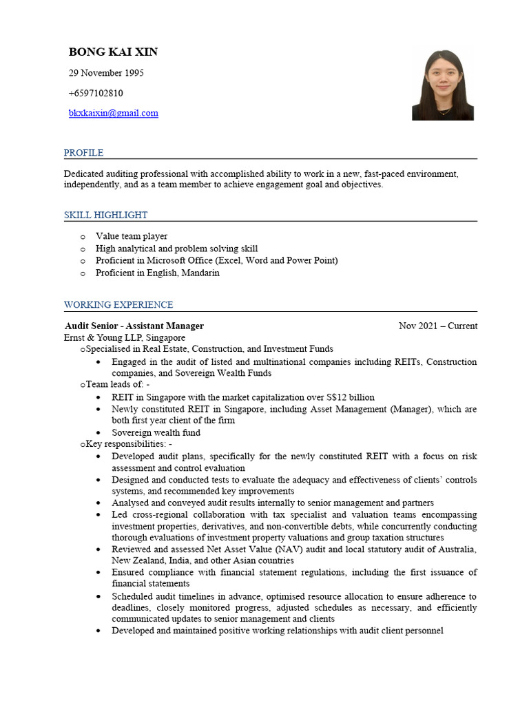 CV - Bong Kai Xin | PDF | Audit | Real Estate Investment Trust