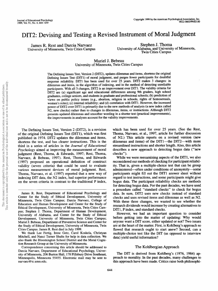 DIT2: Devising and Testing A Revised Instrument of Moral Judgment | PDF ...