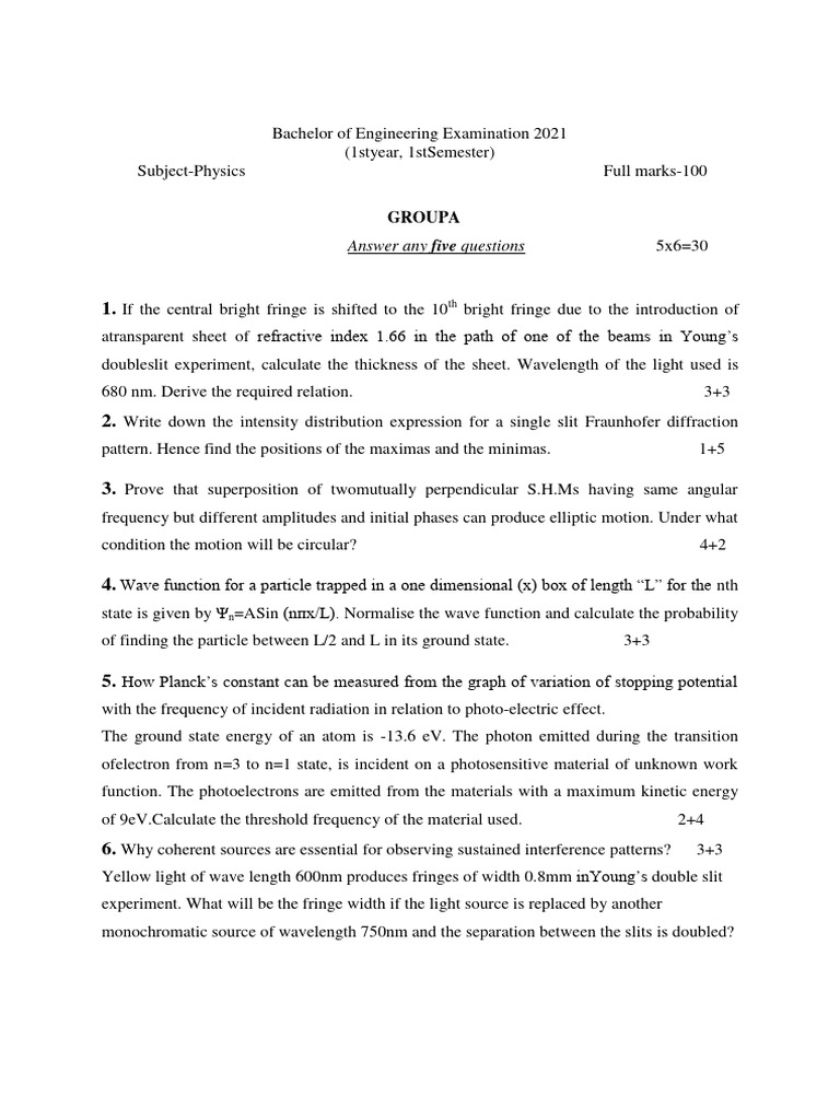 Physics 2021 PAPER | PDF | Diffraction | Photoelectric Effect