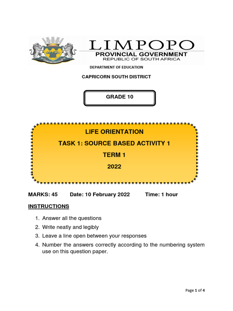 Grade 10 Life Orientation Task 1 2022 | PDF | Self Esteem | Gender Role