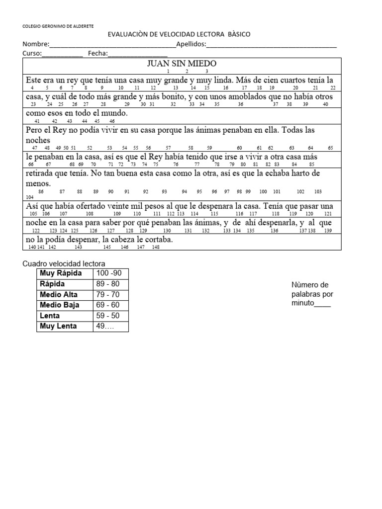 Velocidad Lectora Segundo Pdf