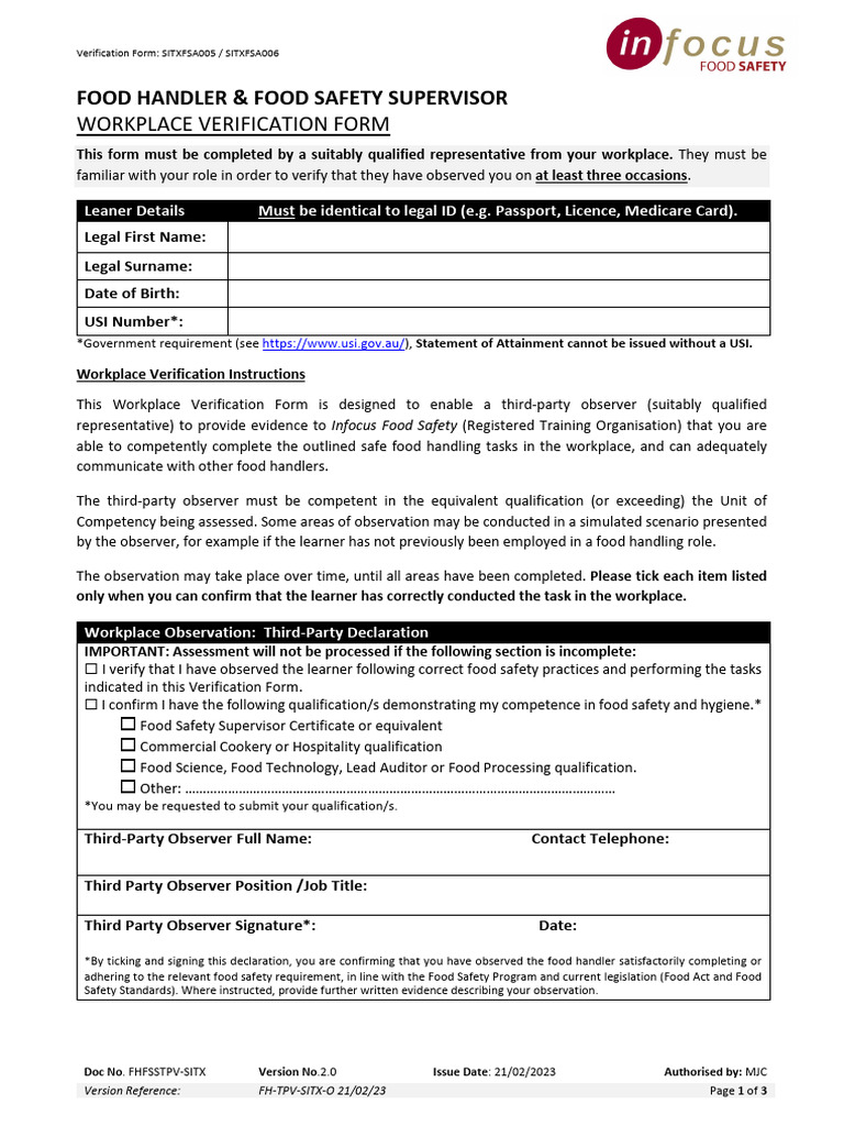 FSS Verification Form (Hospitality) - Combined.v1.1 | PDF | Food Safety ...