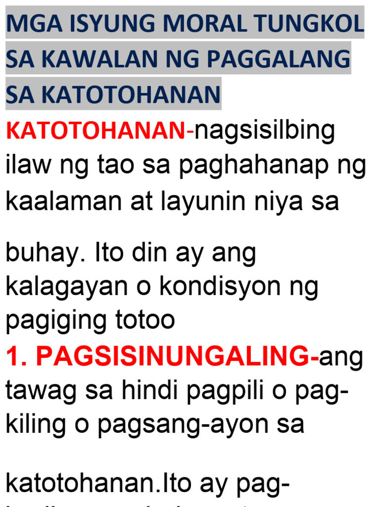 Visual Aids Mga Isyung Moral Tungkol Sa Kawalan NG Paggalang Sa Katotohanan 1 | PDF