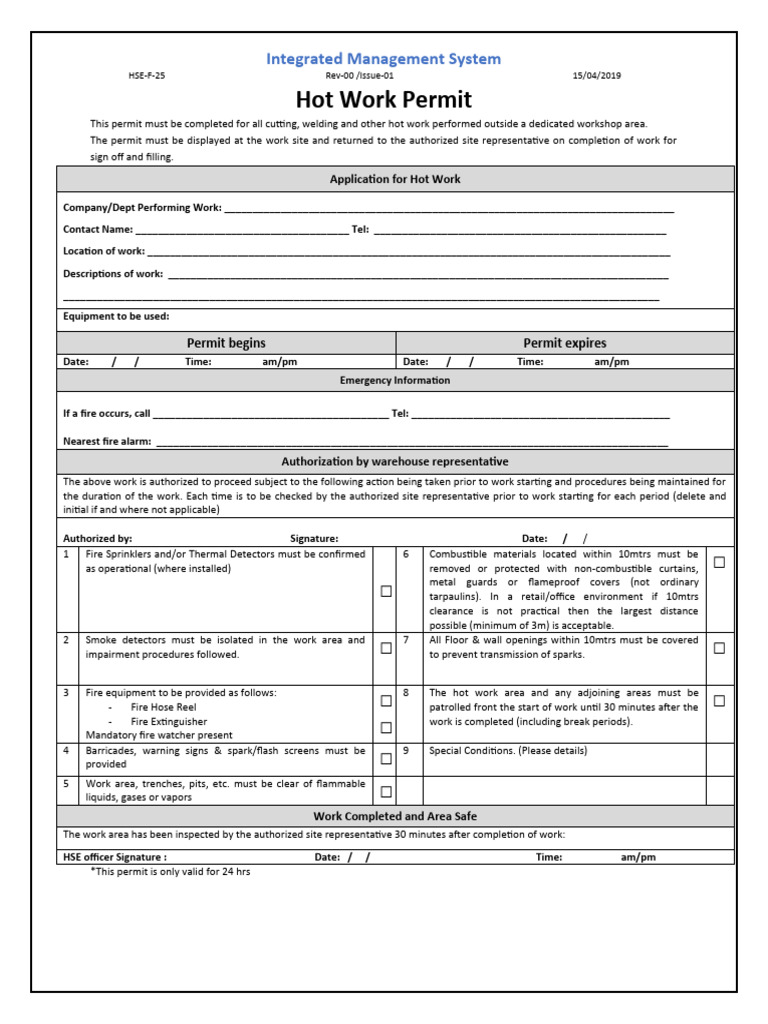 HSE-F-25 Hot Work Permit | PDF | Fires | Hazards
