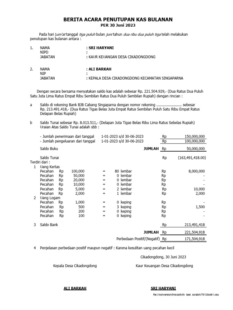 Contoh Berita Acara Penutupan Kas ADD Bulan April | PDF