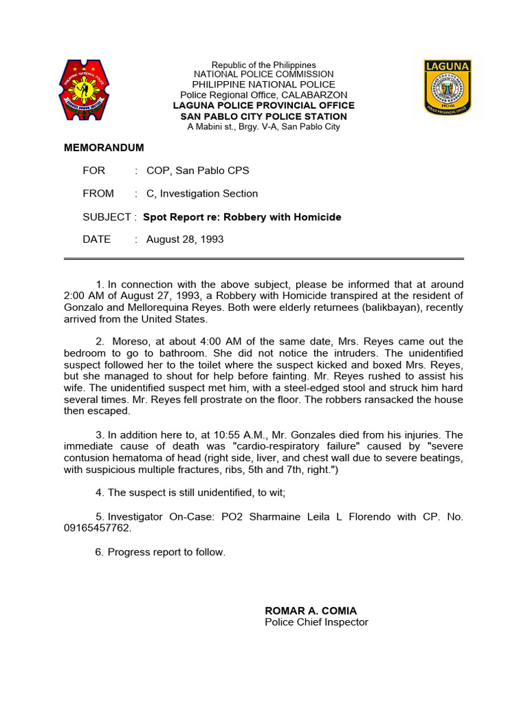 San Pablo City Robbery Homicide Report | PDF