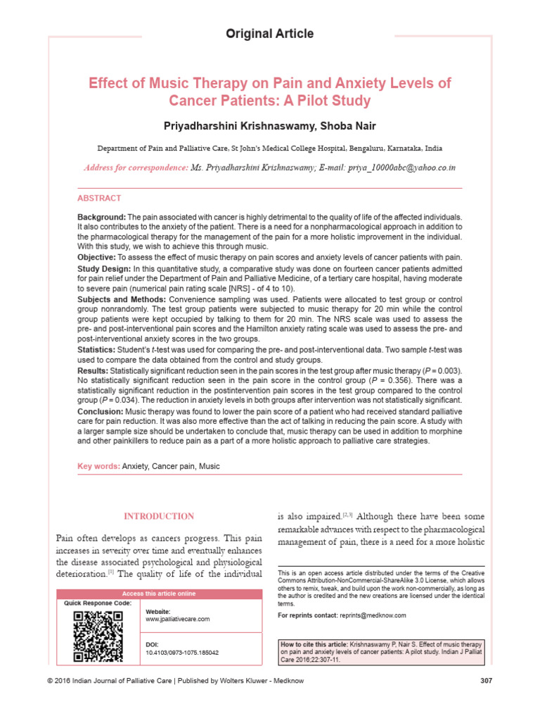 Effect Of Music Therapy On Pain And Anxiety Levels Of Cancer Patients