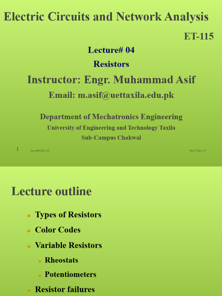 Lecture# 04-ECNA-2017-MCT | PDF | Resistor | Electrical Resistance And Conductance