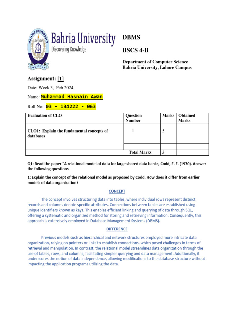 DBMS Assignment 1 Bahria University Lahore Campus 2024 | Download Free PDF | Relational Model ...