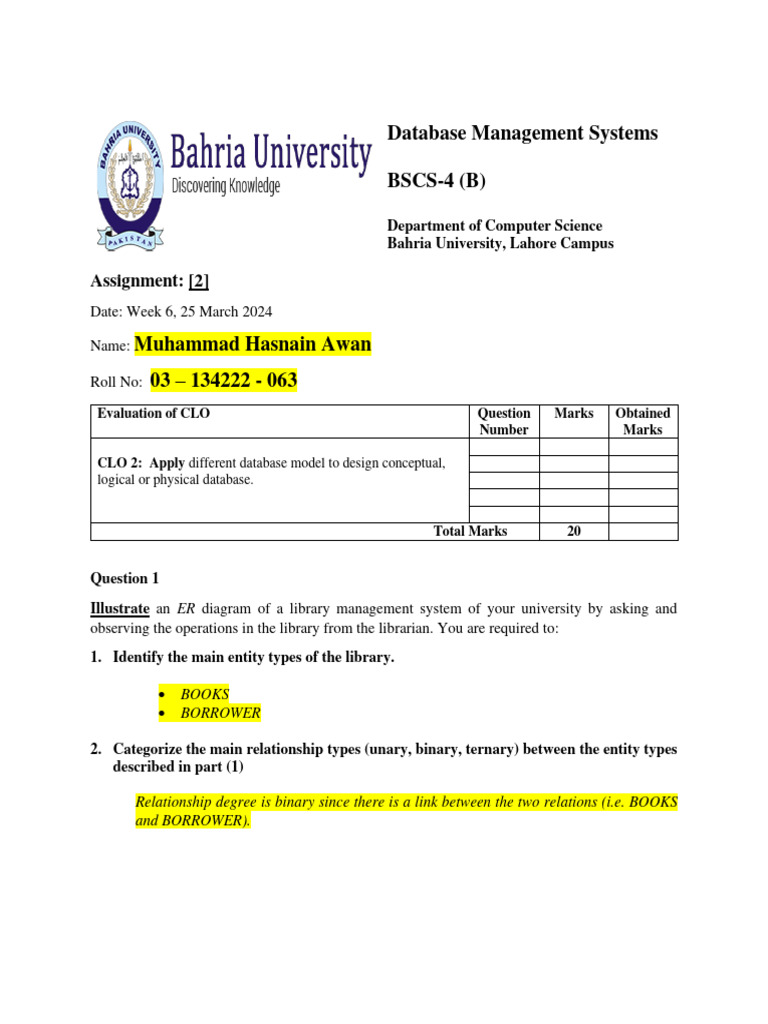 DBMS Assignment 2 Bahria University Lahore Campus 2024 | PDF | Relational Database | Data Model