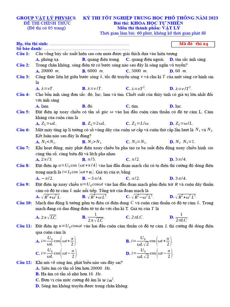 Đề Số 24 Group Vật Lý Physics | PDF