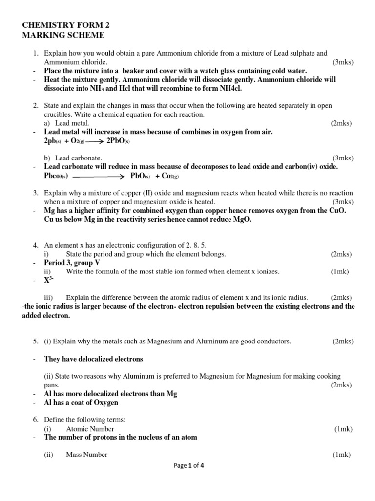 Form Two Chemistry Set 1 MS | PDF | Atoms | Chemical Elements