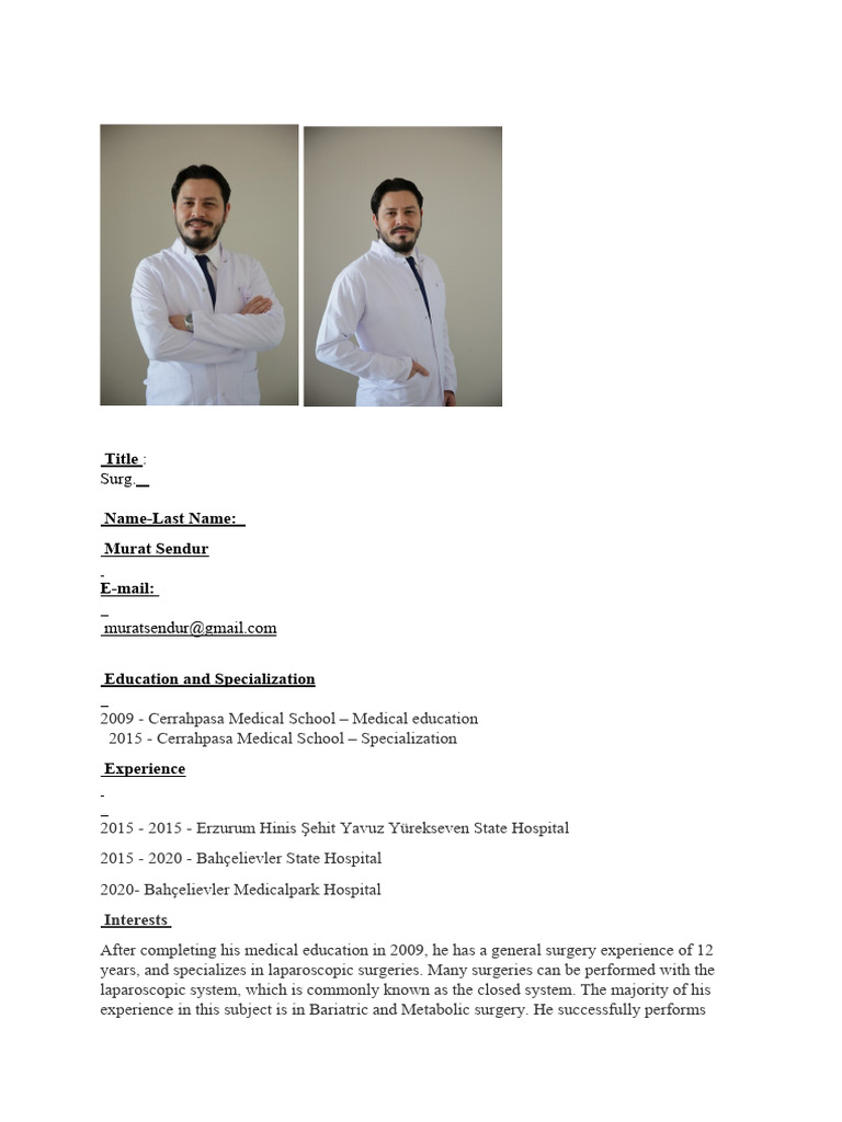 DR - Murat Şendur CV (2) - Eng | PDF | Bariatric Surgery | Surgery