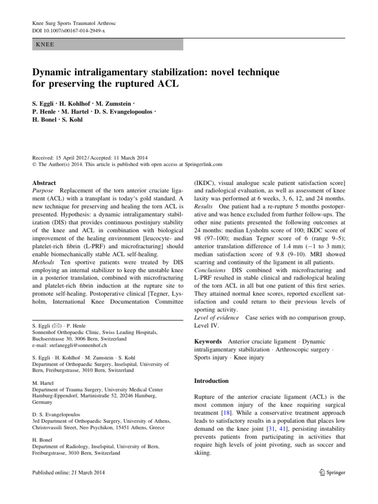 Dynamic Intraligamentary Stabilization: Novel Technique For Preserving The Ruptured ACL | PDF ...