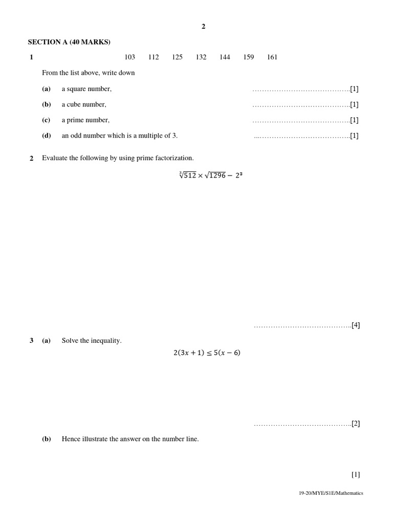 19-20_MYE_S1E_Mathematics_QP_FBP | PDF | Fahrenheit | Mathematics