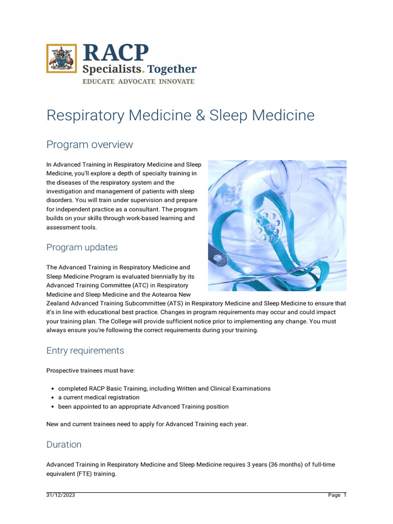 Respiratory Medicine and Sleep Medicine RACP Advanced Training | PDF ...