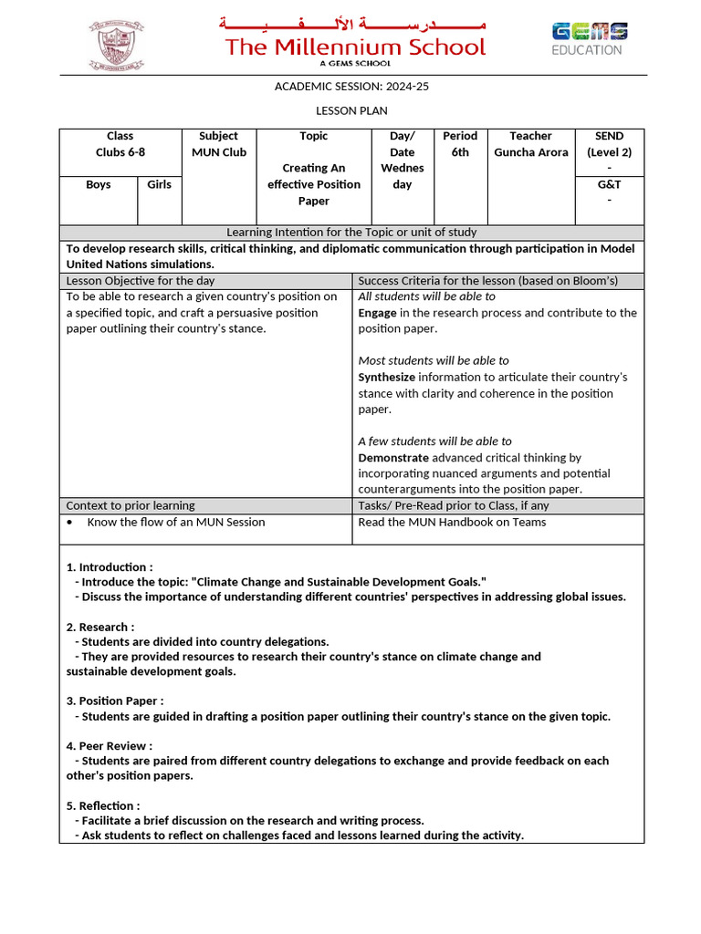 Lesson Plan - MUN Club | PDF | Lesson Plan | Critical Thinking