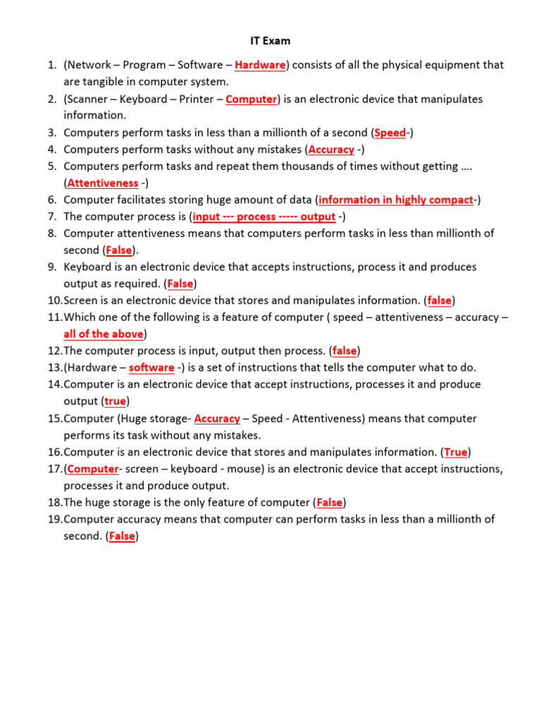 IT Exam: Computer Basics and Features | PDF | Input/Output | Personal ...
