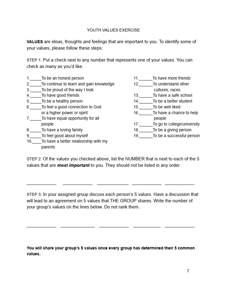 Youth Values Exercise | PDF | Self-Improvement