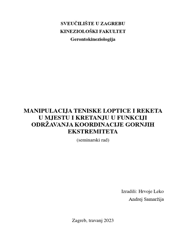 Manipulacija Teniske Loptice I Reketa U Mjestu I Kretanju U Funkciji ...