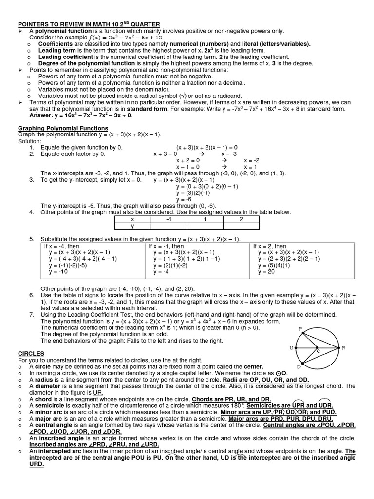 Pointers To Review in Math 10 2nd Quarter | PDF | Circle | Polynomial