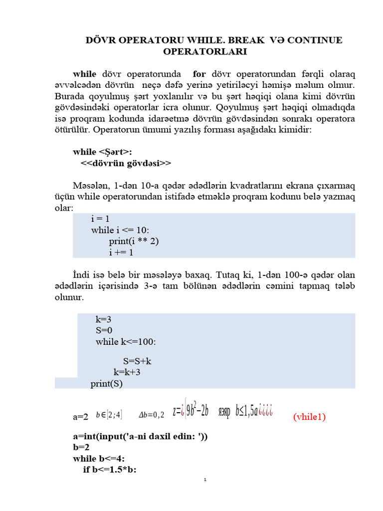 11.dövr Operatoru While. Break VƏ Continue Operatorlari | PDF