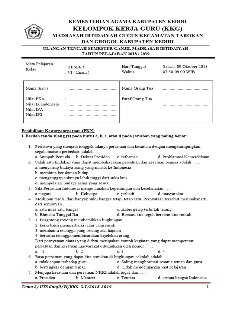 Soal Uts Tema 2 Kls Vi Ganjil 2018-19 | PDF