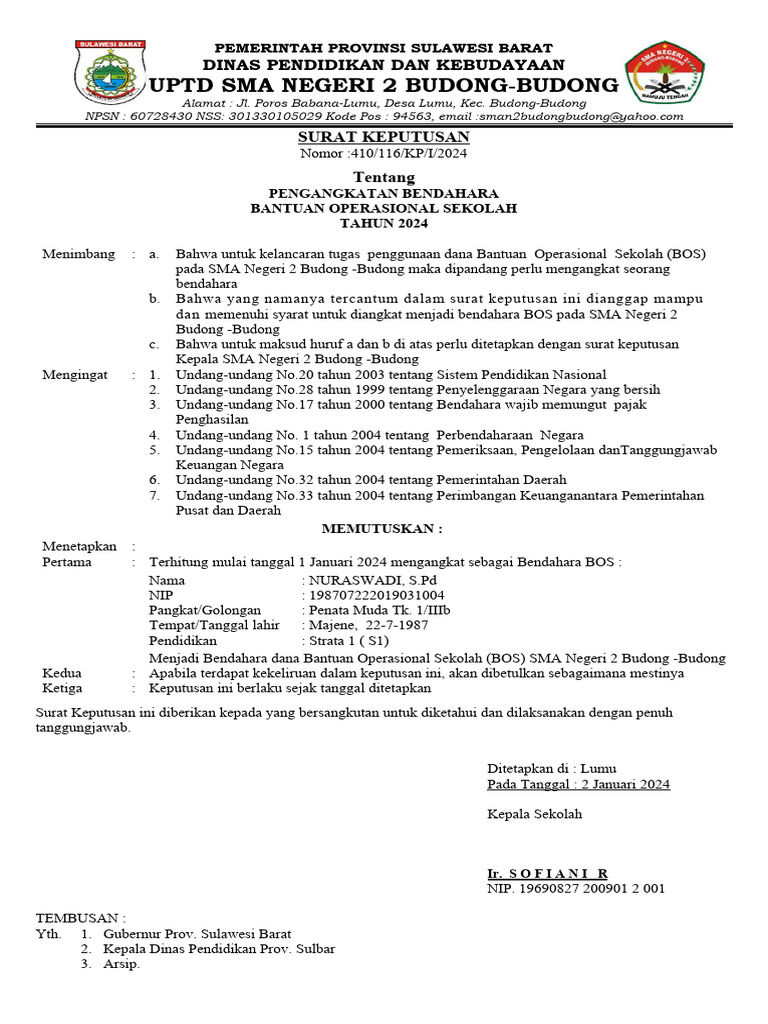 Contoh SK Bendahara BOS - Dikdasmen - Info | PDF