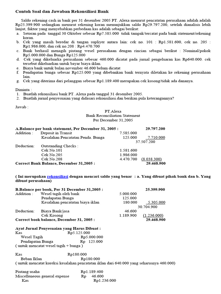 Contoh Soal Rekonsiliasi Bank dan Jawaban | PDF | Pengelolaan Keuangan ...