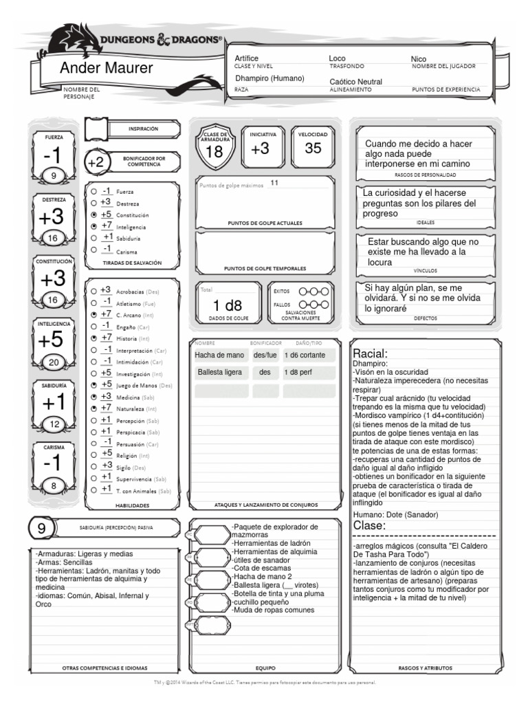 Ficha Dhampiro Alquimista | PDF | Videojuegos de rol | Juegos de rol