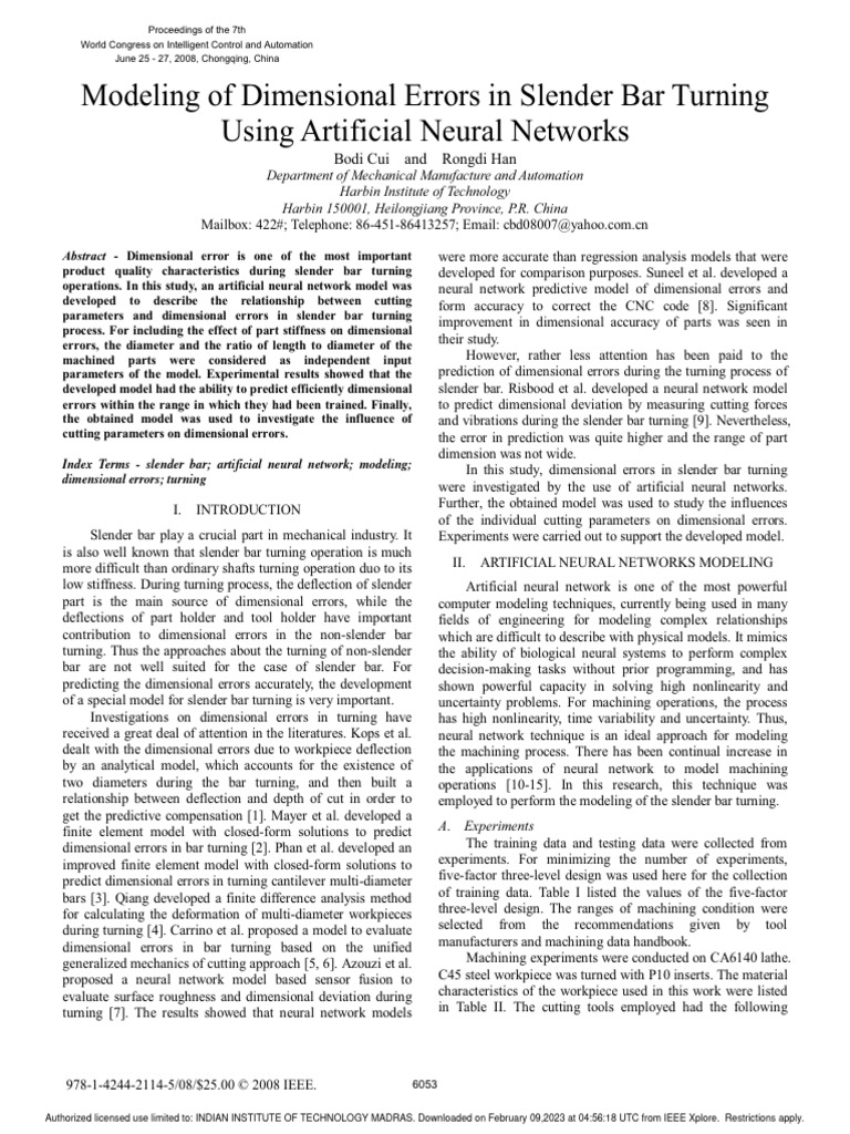 Modeling of Dimensional Errors in Slender Bar Turning Using Artificial Neural Networks | PDF ...