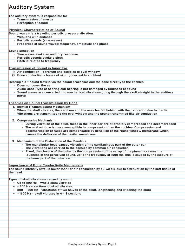Biophysics of Auditory System | PDF | Ear | Hearing