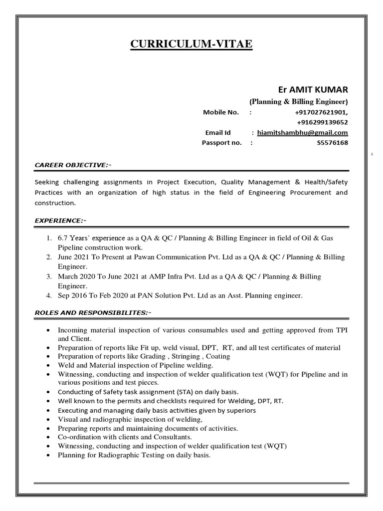 Amit Kumar CV | PDF | Welding | Construction