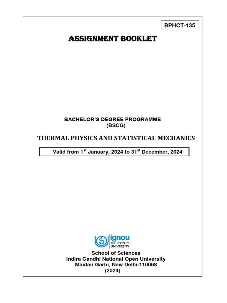 BPHCT-135 Thermal Physics Assignment 2024 | PDF | Gases | Temperature
