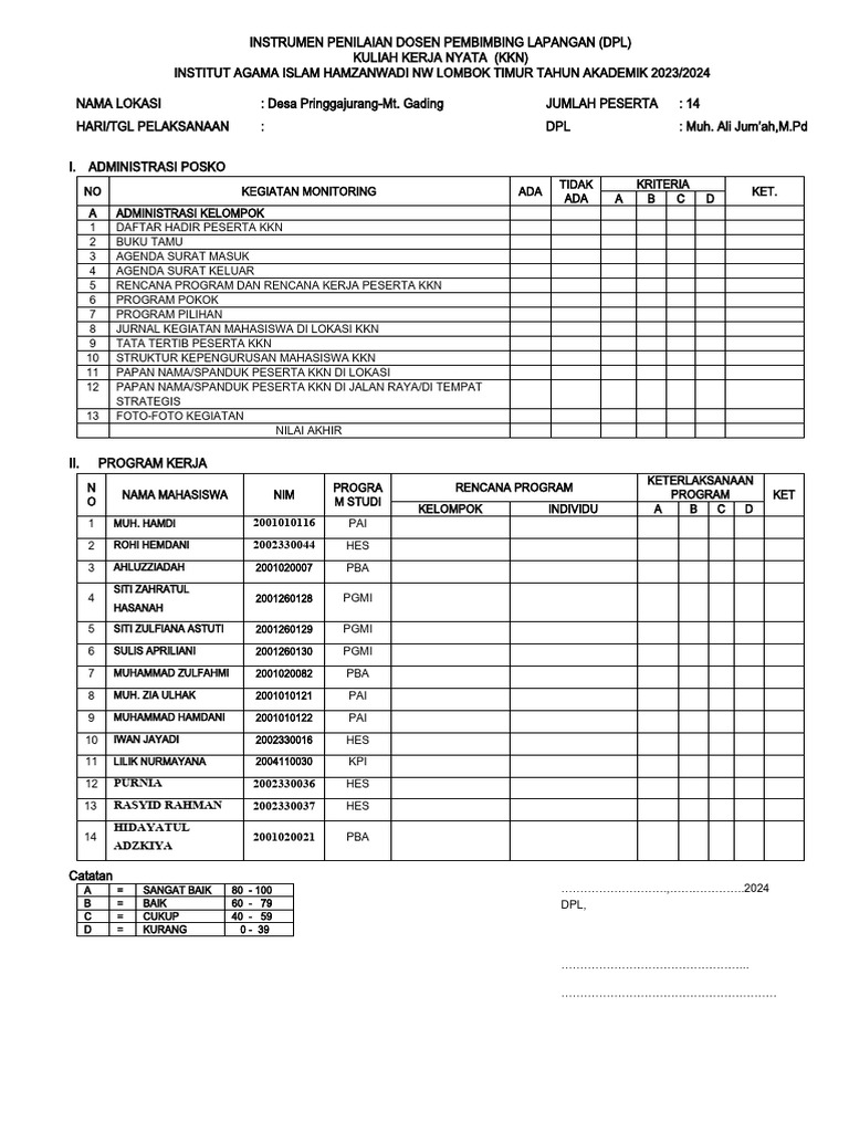 Instrumen Penilaian KKN Kelompok 22 | PDF