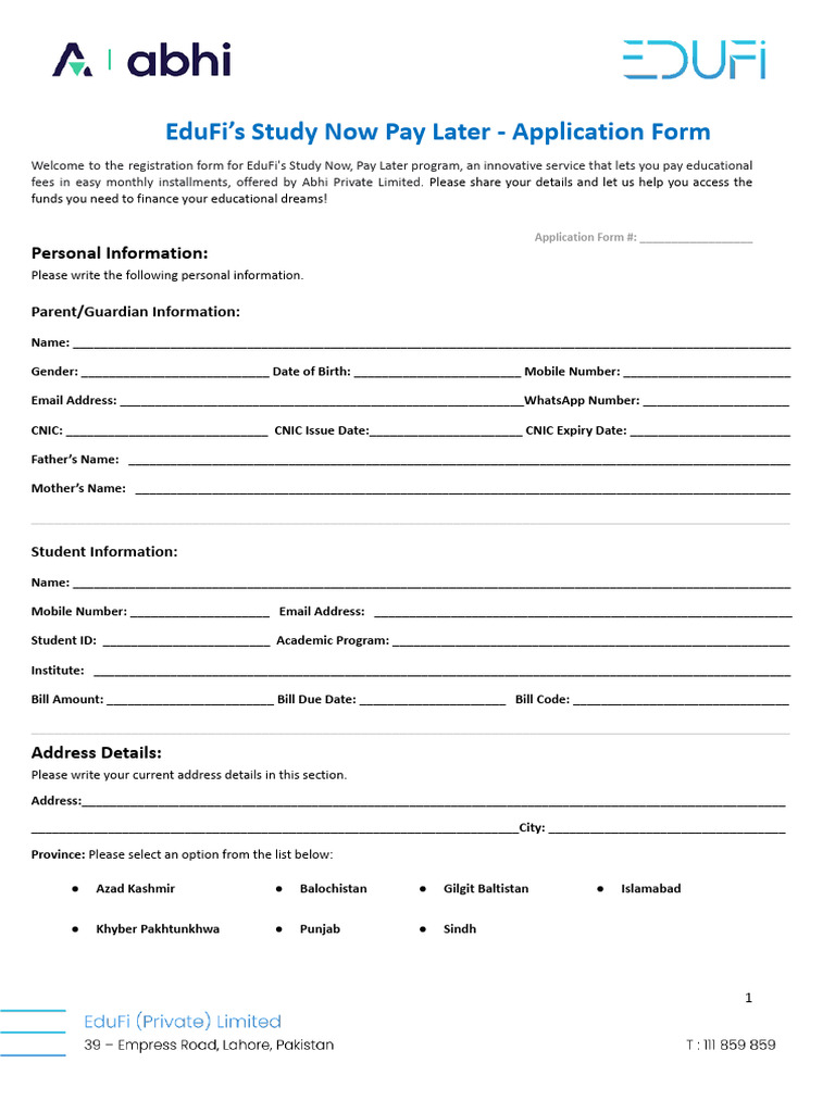 EduFi Study Now, Pay Later (SNPL) Application Form | PDF