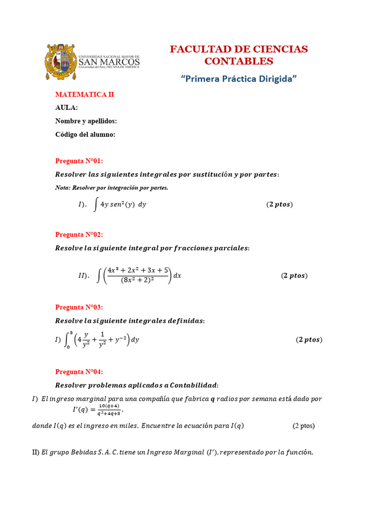 Primera Práctica Dirigida Mat-Ii 25.01.2024 | PDF