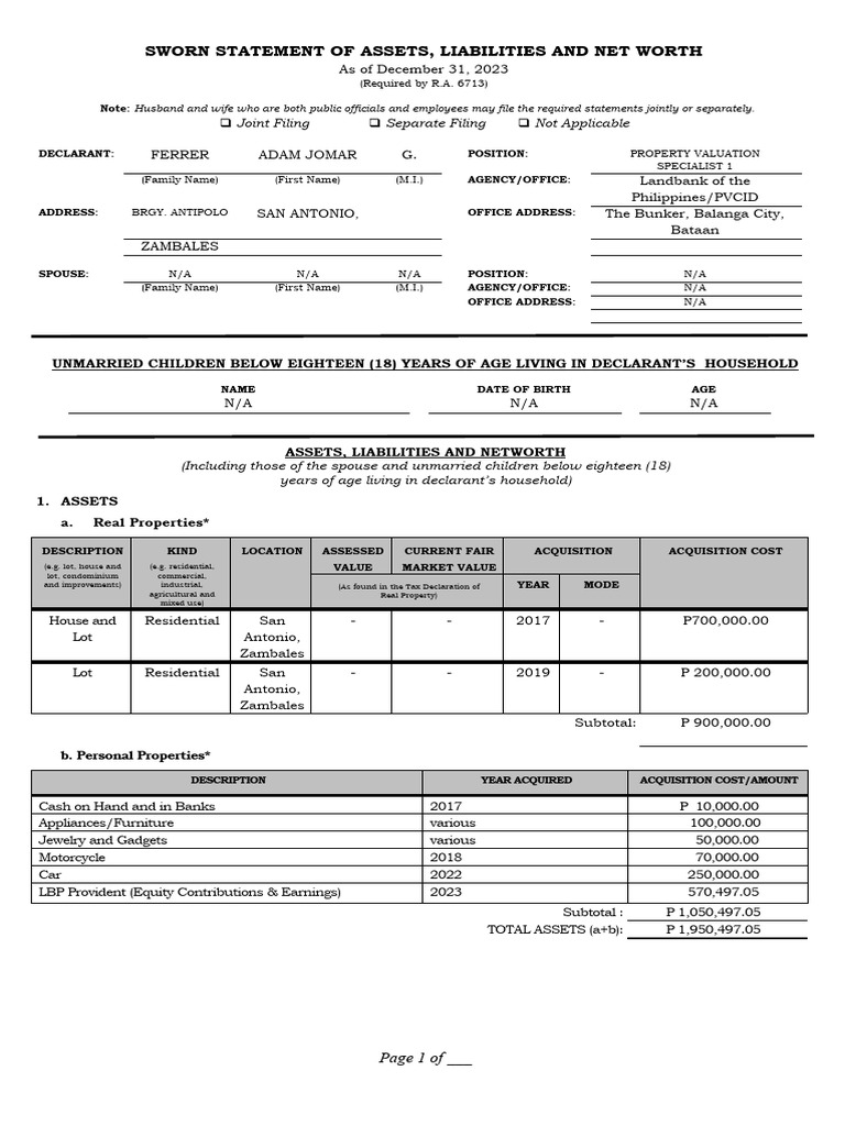 Saln2022form Aj Ferrer 2023 | PDF | Equity (Finance) | Money