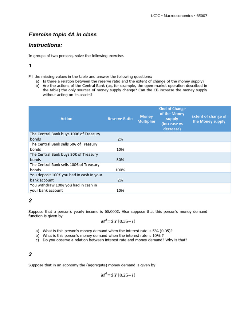 Exercise Topic 4A in Class | PDF | Money Supply | Interest