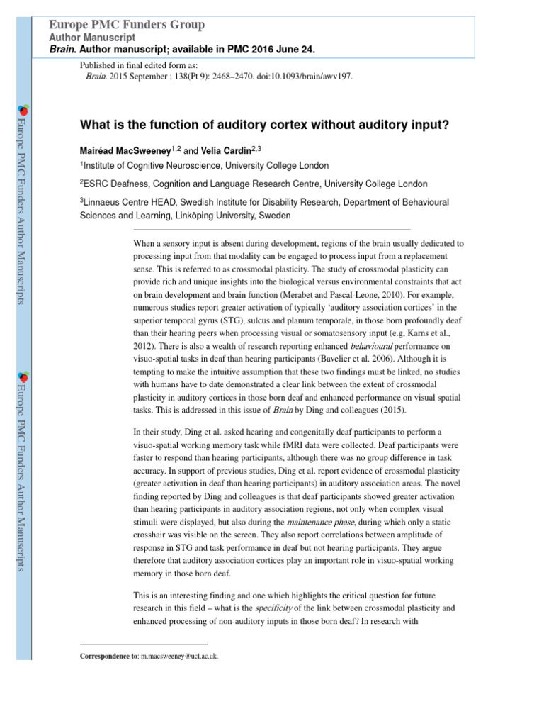 emss-MacSweeney - Function of Auditory Cortex | PDF | Neuroplasticity | Hearing Loss