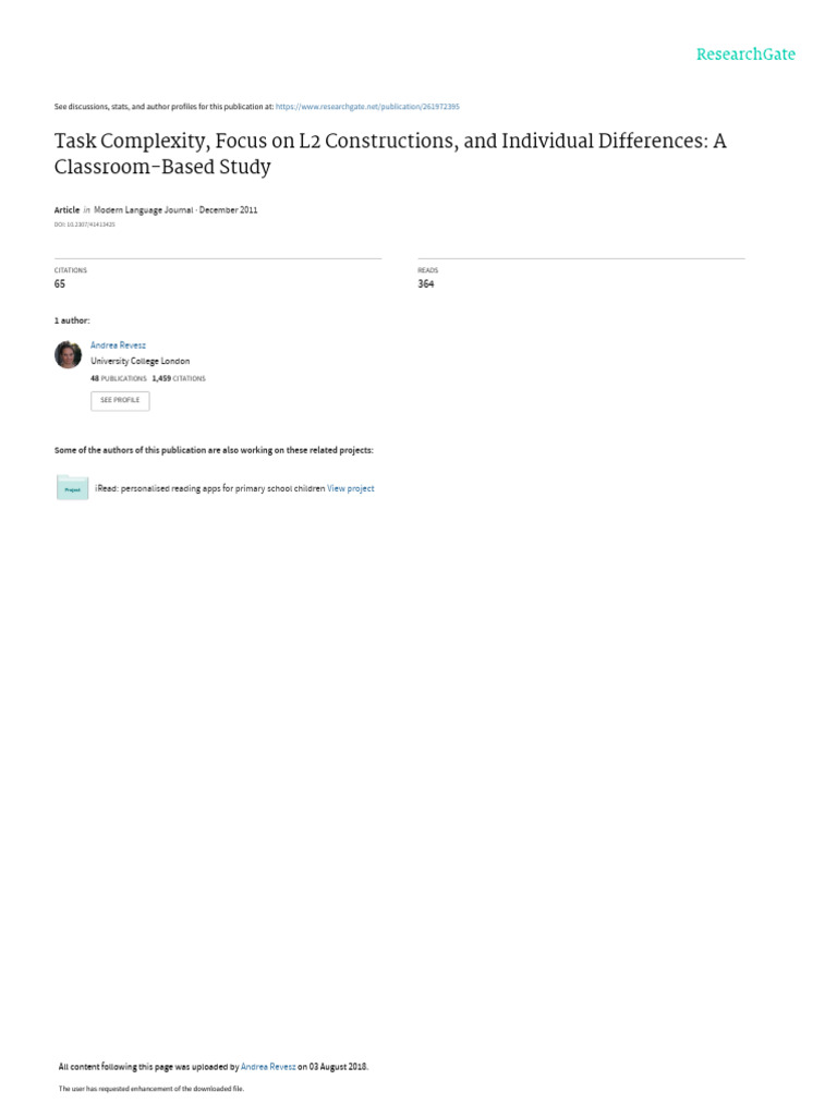 Task Complexity Focus on L2 Construction | PDF | Second Language Acquisition | English As A ...