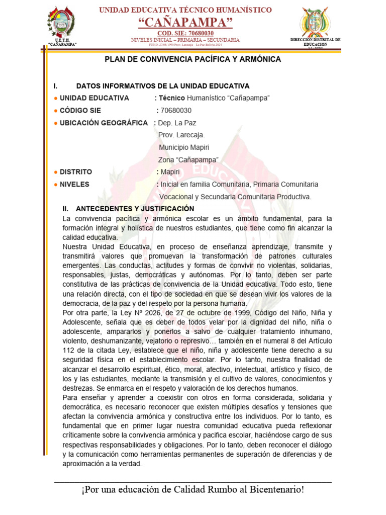 Plan de Convivencia Pacífica y Armónicau.e.t.h.c.2024 | Descargar gratis PDF | Educación ...