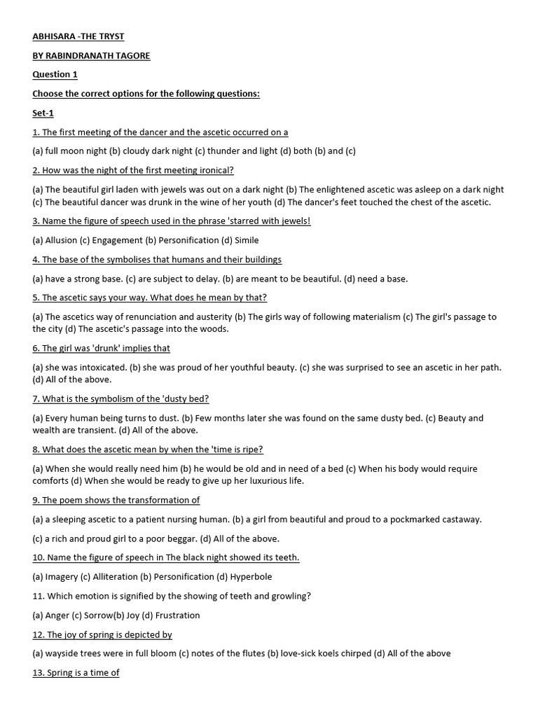 Abhisara - The Tryst by Rabindranath Tagore Choose The Correct Options ...