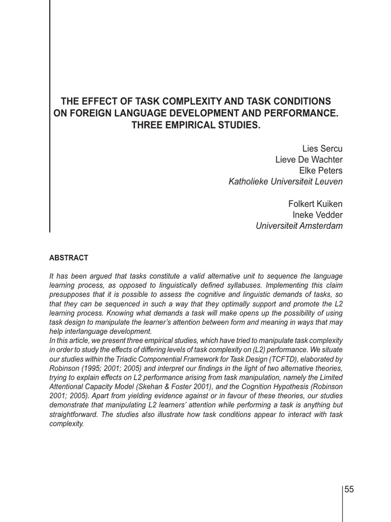 The Effect of Task Complexity and Task Conditions Sercu de Wachter Peters Kuiken Vedder | PDF