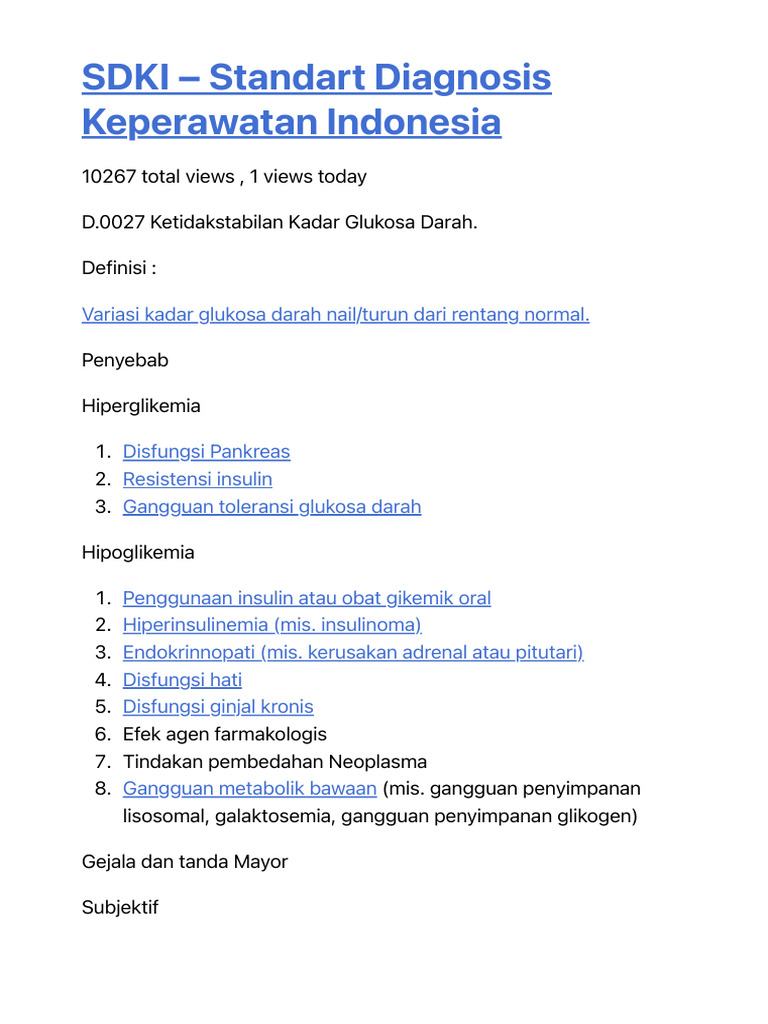 D.0027 Ketidakstabilan Kadar Glukosa Darah. – SDKI – Standart Diagnosis Keperawatan Indonesia | PDF