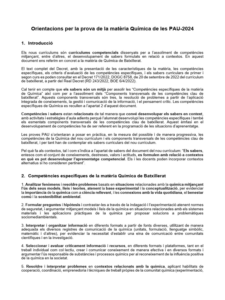Orientacions Quimica PAU 2024 | PDF